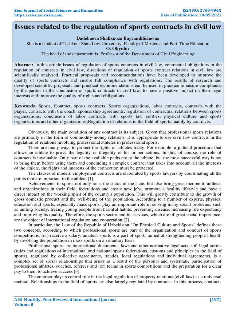 Issues Related To The Regulation of Sports Contracts in Civil Law ...