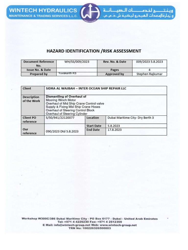 Risk Assessment - Wintech - Sidra Al Wajbah | PDF