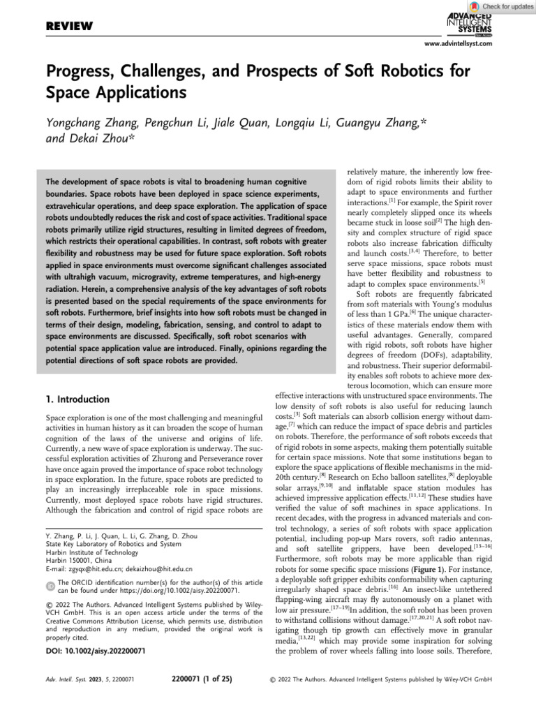 Progress, Challenges, and Prospects of Soft Robotics for Space ...