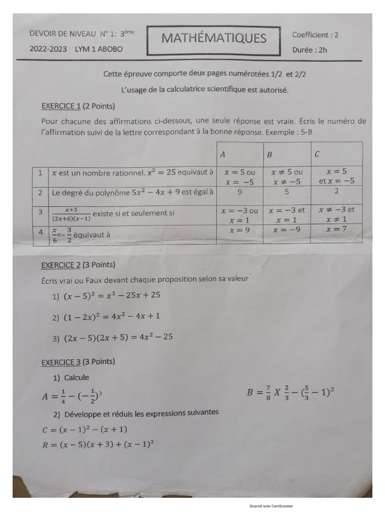 Devoir N°1 Maths 3ieme Lym1a | PDF