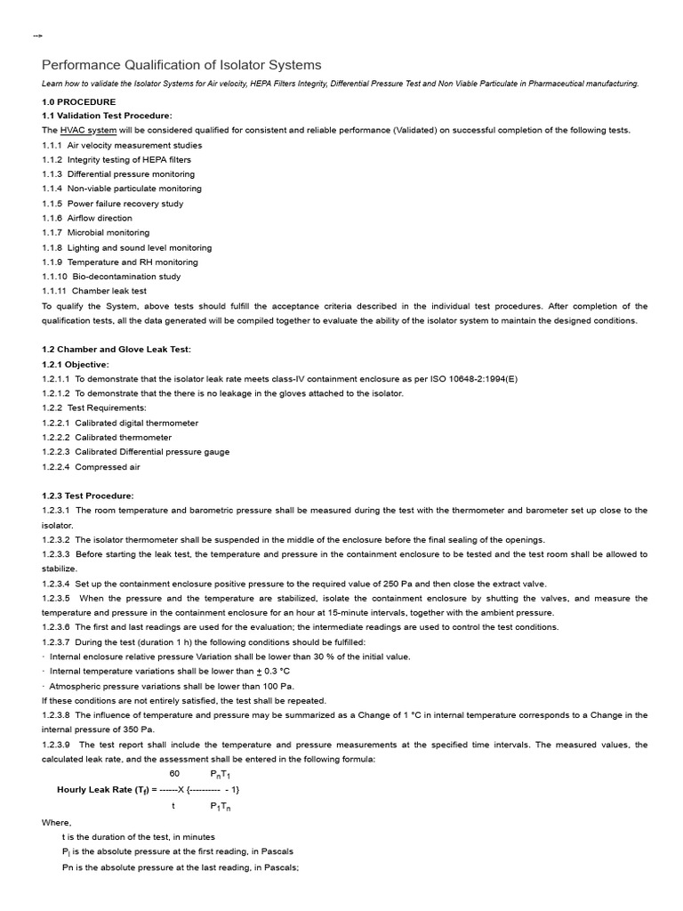 Isolator System Performance Qualification | PDF | Calibration | Pressure Measurement