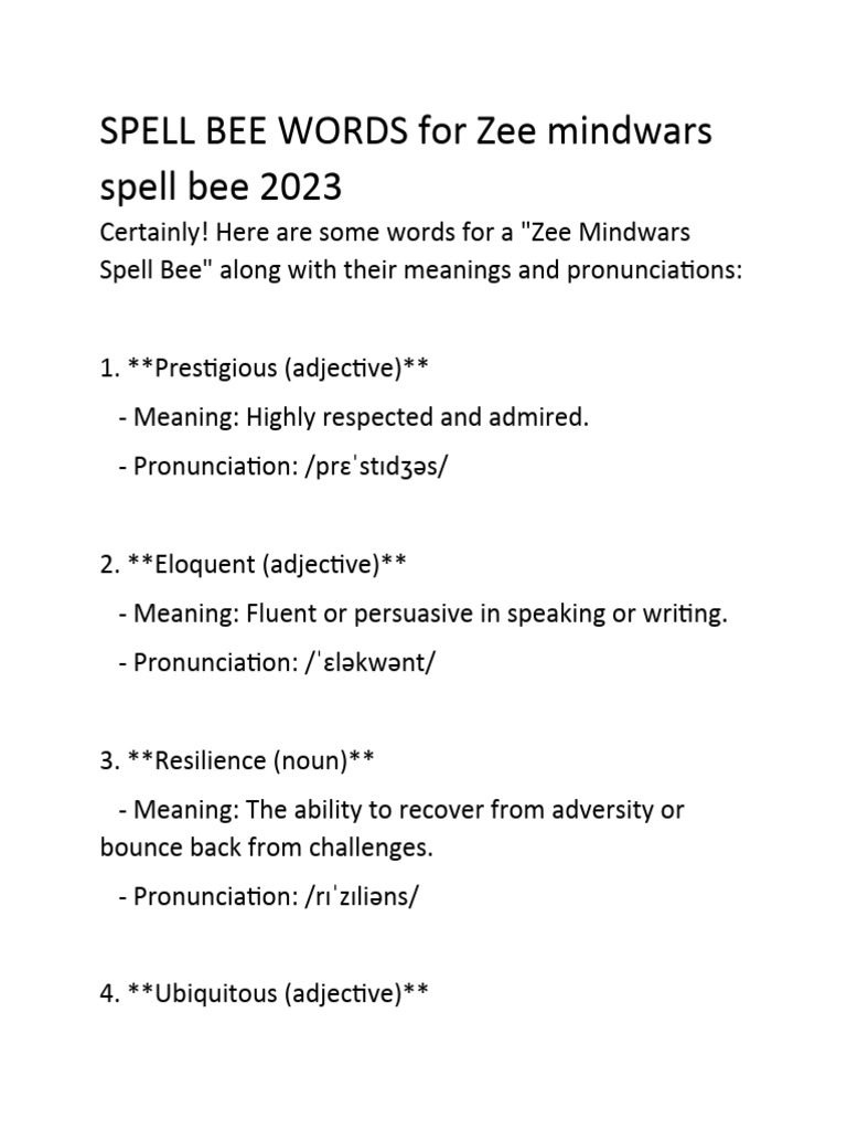 SPELL BEE WORDS For Zee Mindwars Spell Bee 2023 | PDF