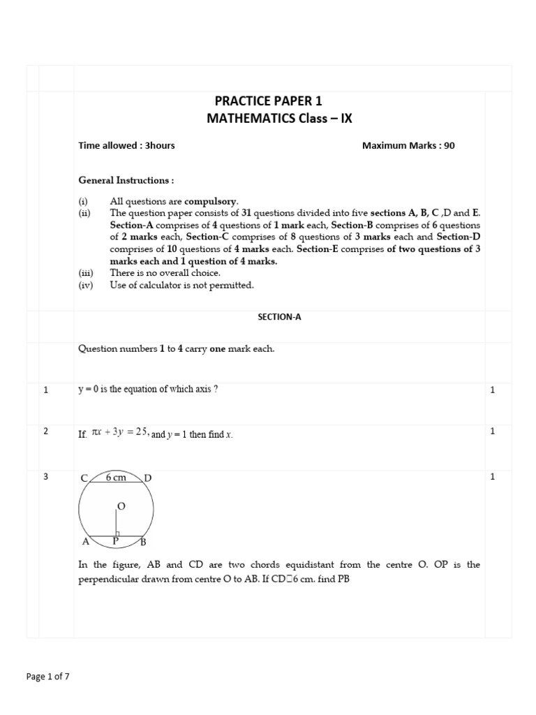 Practice Paper1-Ix-Maths | PDF