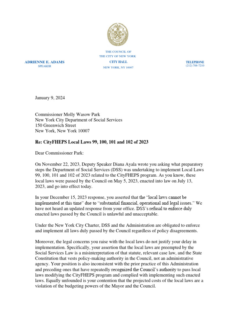 Letter To Commissioner Park Re CityFHEPS 2024-01-09 01-27-43 | PDF ...