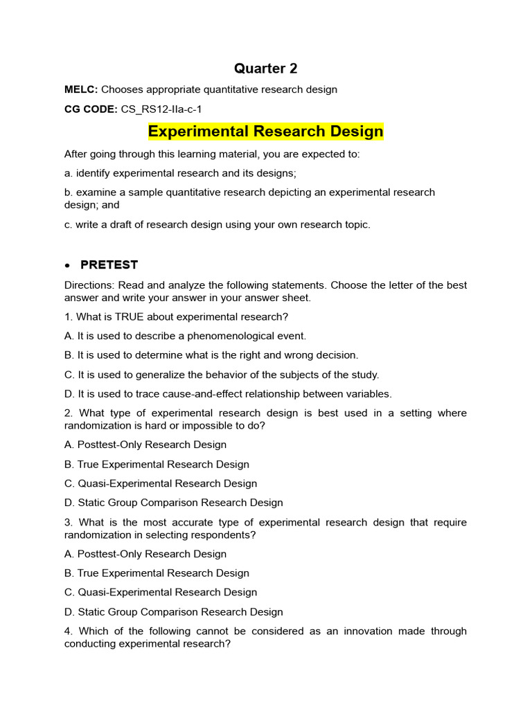 Quarter 2 - Descriptive Research Design - EXPERIMENTAL | PDF | Experiment | Design Of Experiments