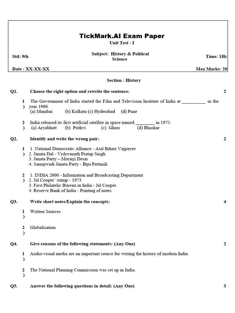 01 History and Political Science Question Paper | PDF