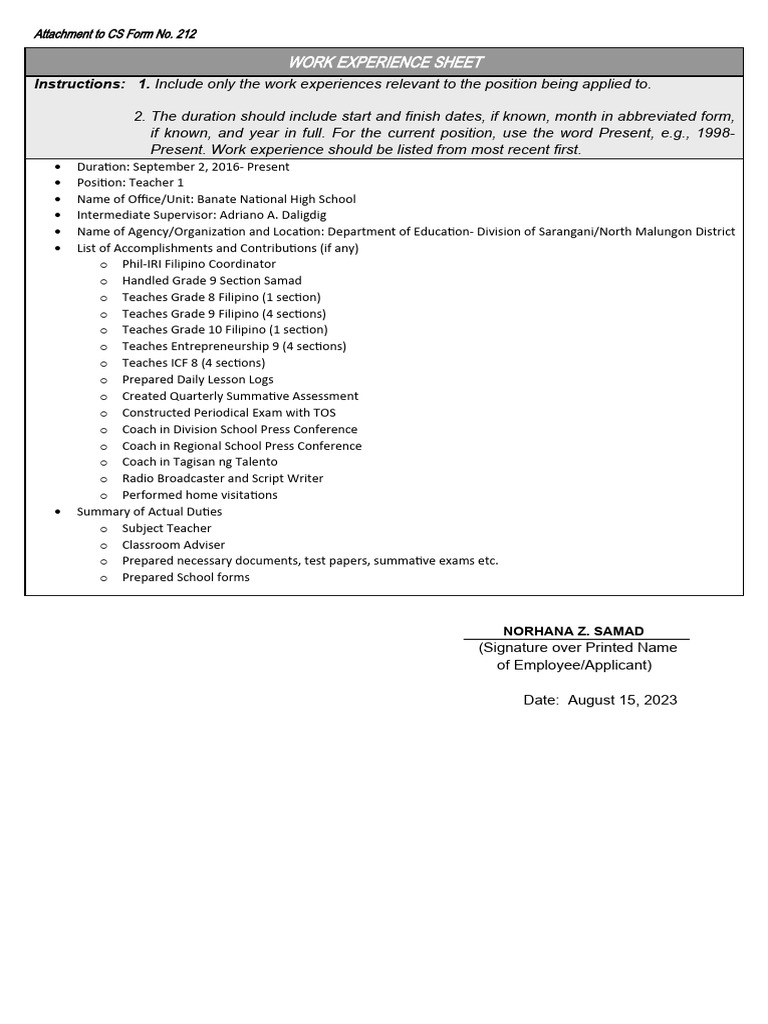 CS Form No. 212 Attachment Work Experience Sheet TAN | PDF