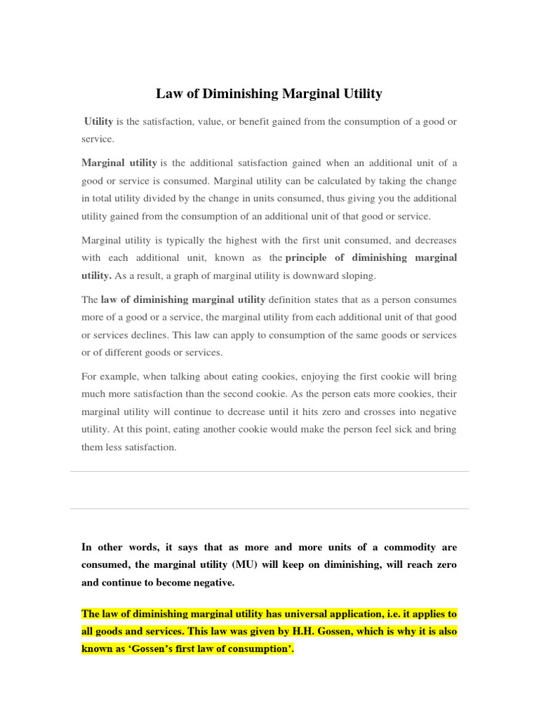 Law of Diminishing Marginal Utility | PDF
