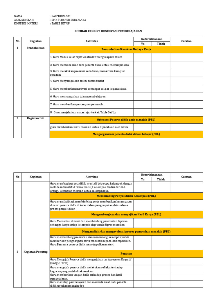 Lembar Ceklis Observasi Pembelajaran - Saepudin | PDF