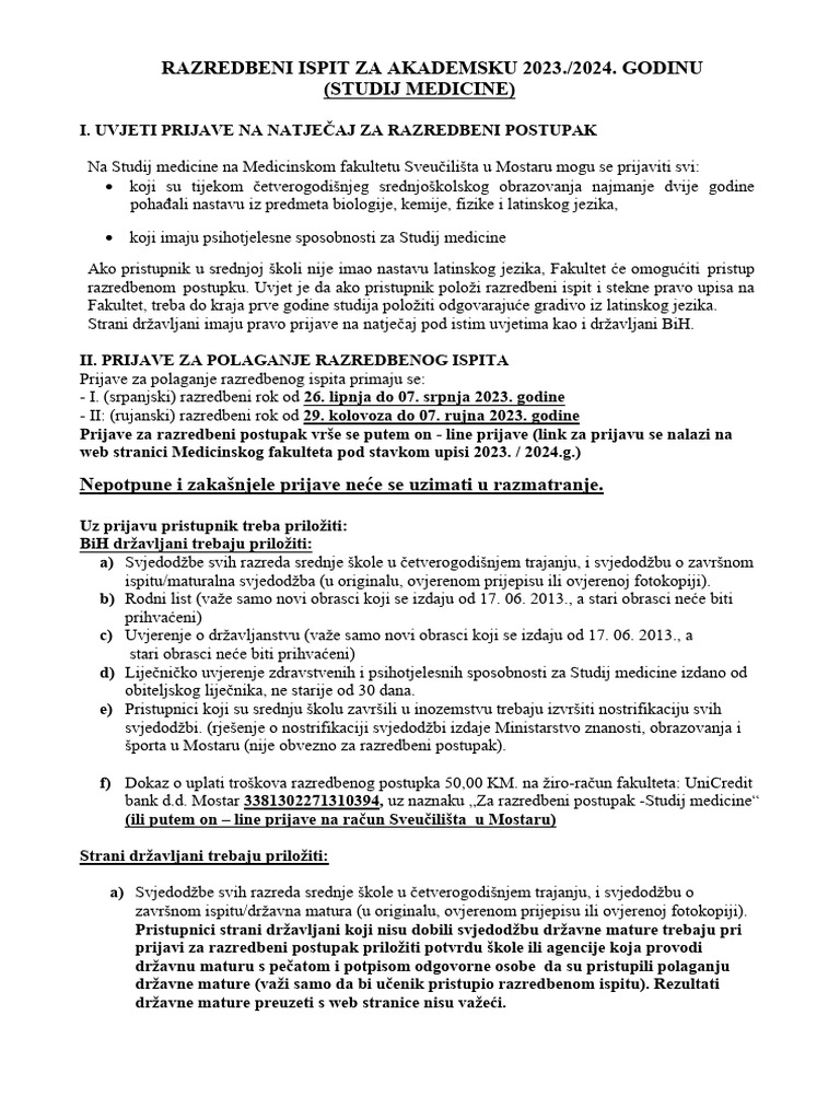 Dokumenti Za Razredbeni Ispit U Srpnju 2023. 2024. 2 | PDF