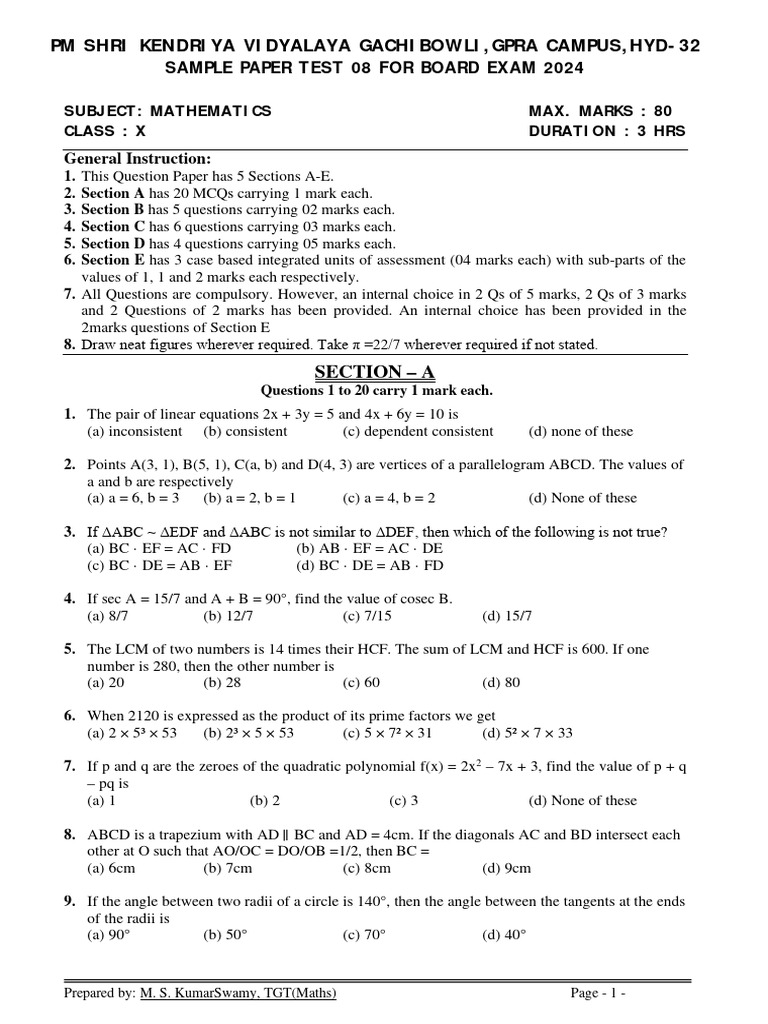 Maths Class X Sample Paper Test 08 For Board Exam 2024 | PDF | Circle ...