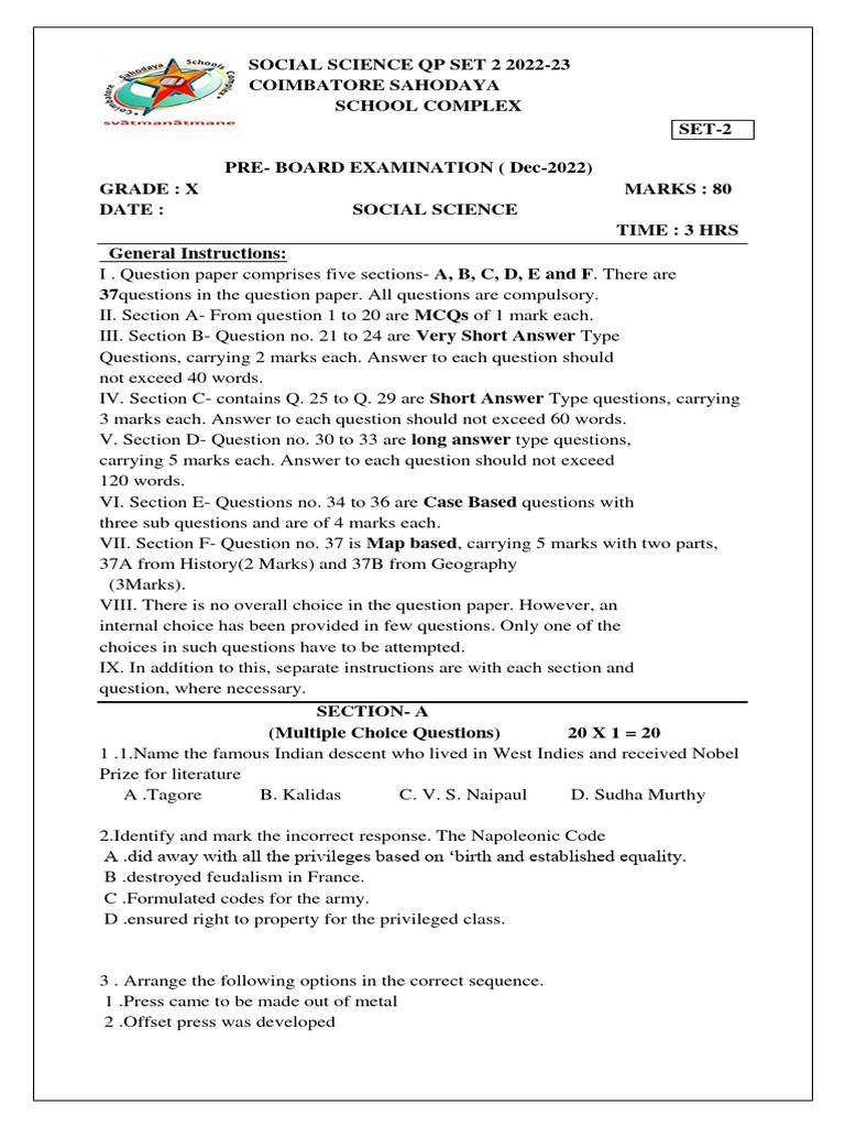 Coimbatore Sahodaya Social Science QP 2022-23 | PDF | Politics | Social Science