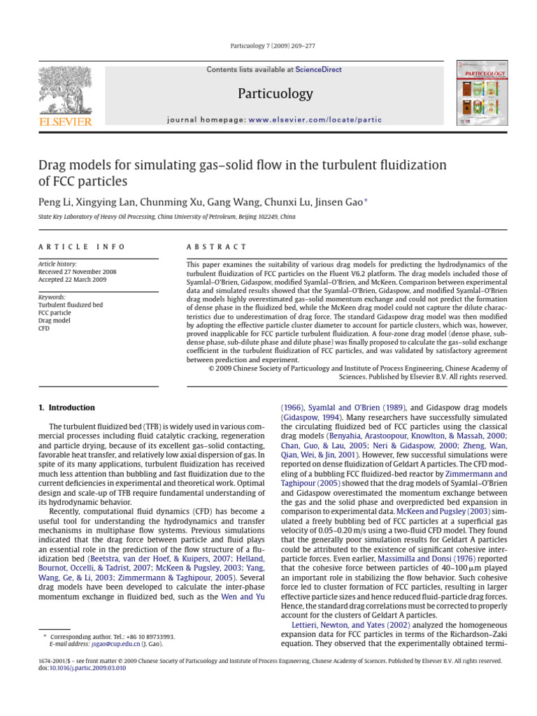 2009 A Drag Models For Simulating Gas Solid Flow In The Turbulent