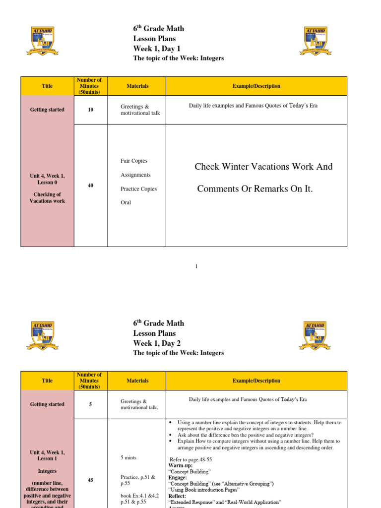 6th Grade Math Two Weeks Study Plan 2022-23 | PDF | Lesson Plan | Mathematics