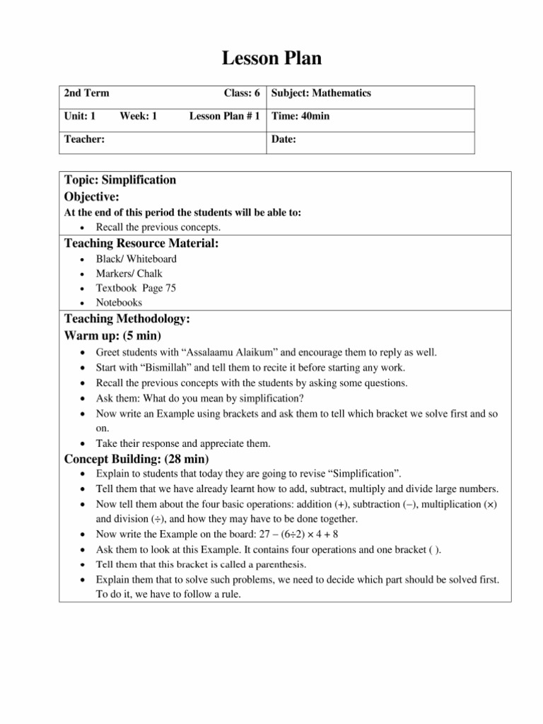 6th Class Lesson Plan 2 | PDF 6th Class Lesson Plan 2 | PDF