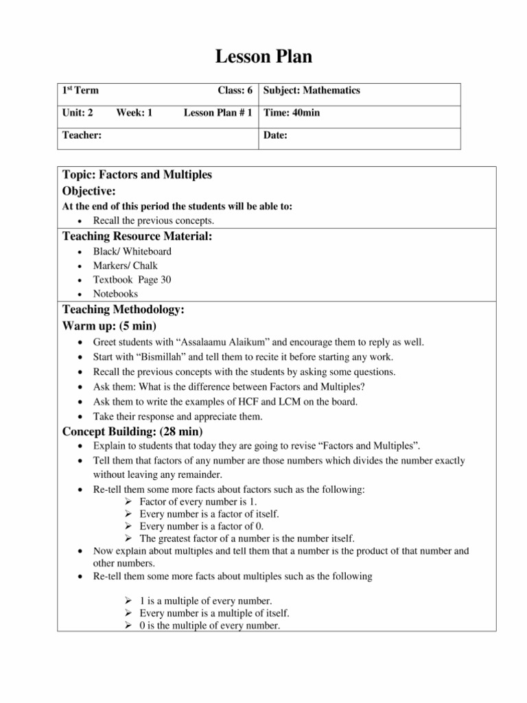 6th Class Lesson Plan | PDF
