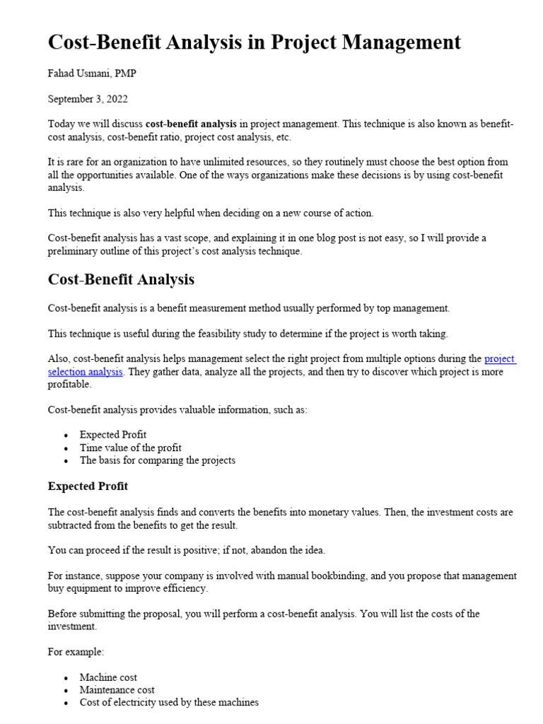 Cost Benefit Analysis PM Assignment | PDF | Cost–Benefit Analysis | Inflation