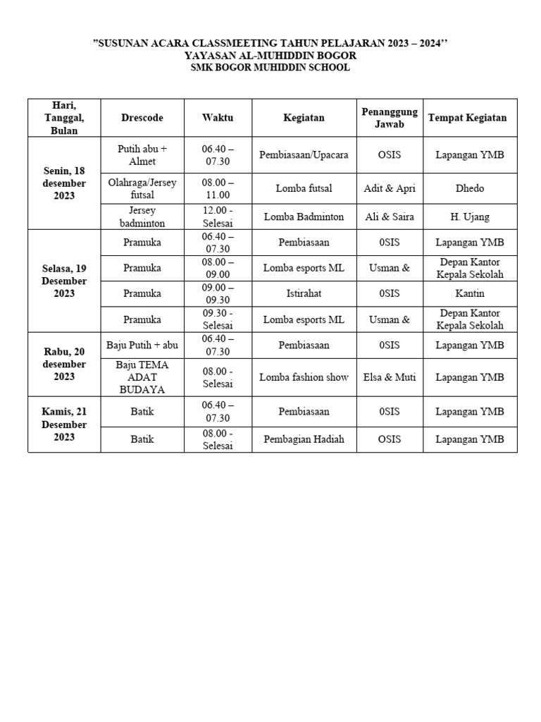 Susunan Acara Classmeet 2023 | PDF