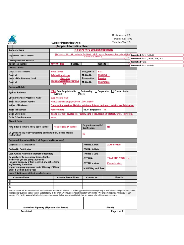 Supplier Information Sheet (1) Hrcbs | PDF