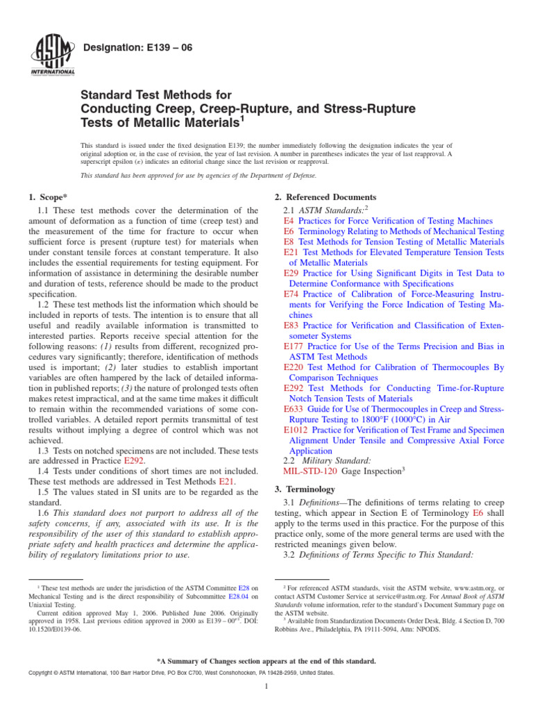 ASTM E 139-06 Standard Test Methods For Conducting Creep, Creep-Rupture ...
