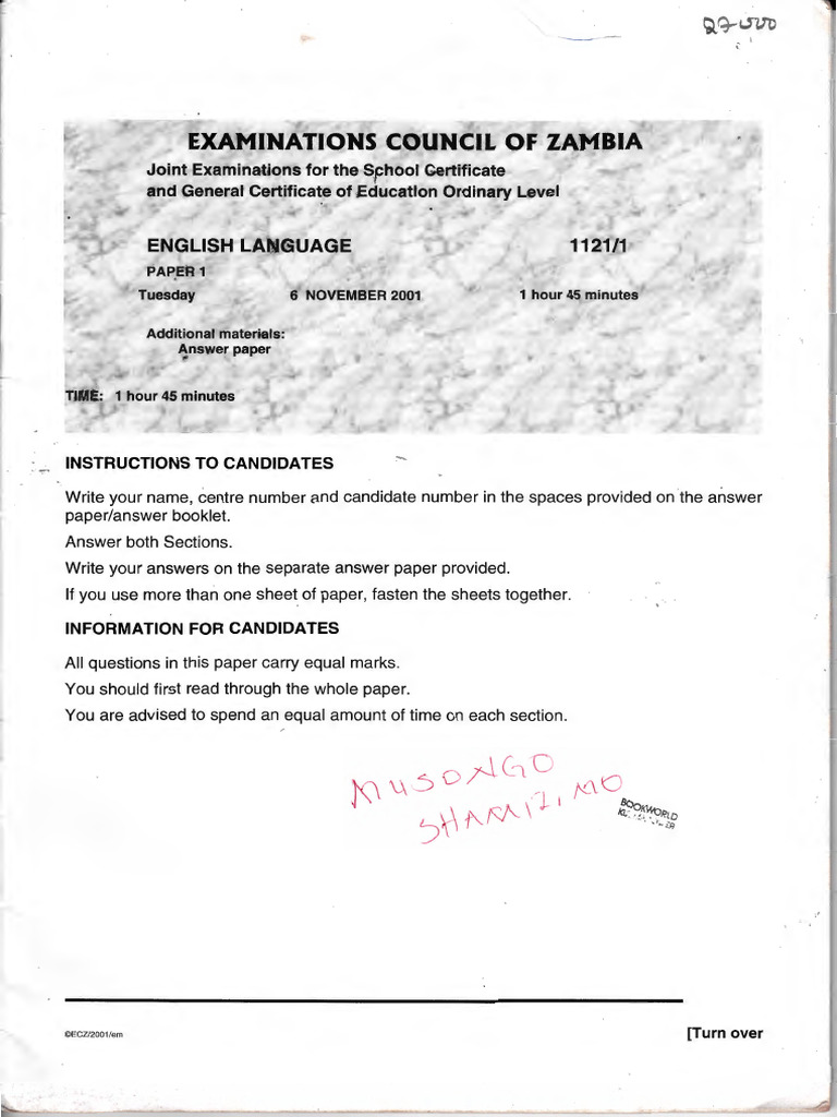 English Language Exam Paper 2001 | PDF
