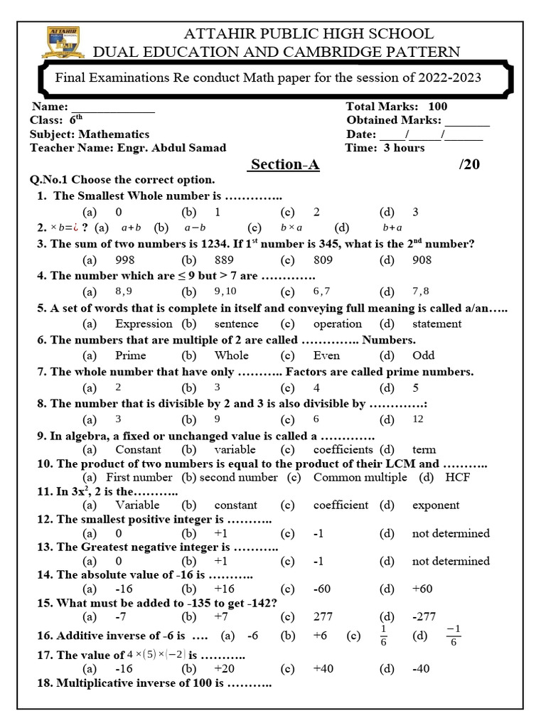 Final Papers For Class 6th Math Updated 2022-23 | PDF