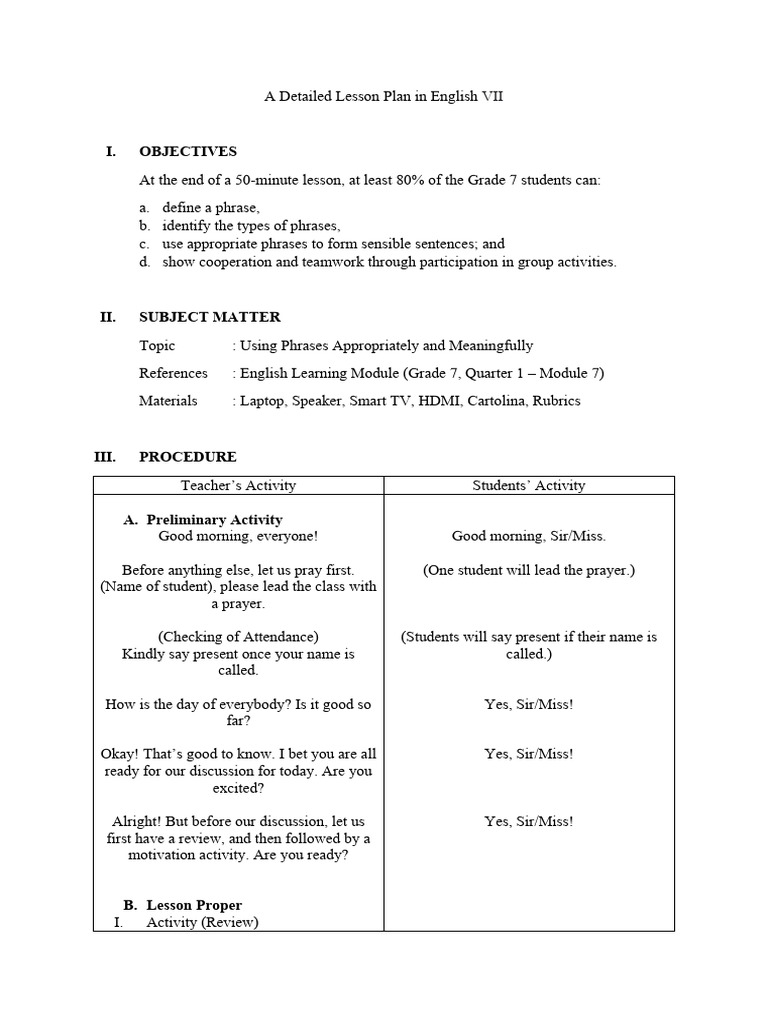 A Detailed Lesson Plan | PDF | Noun | Verb