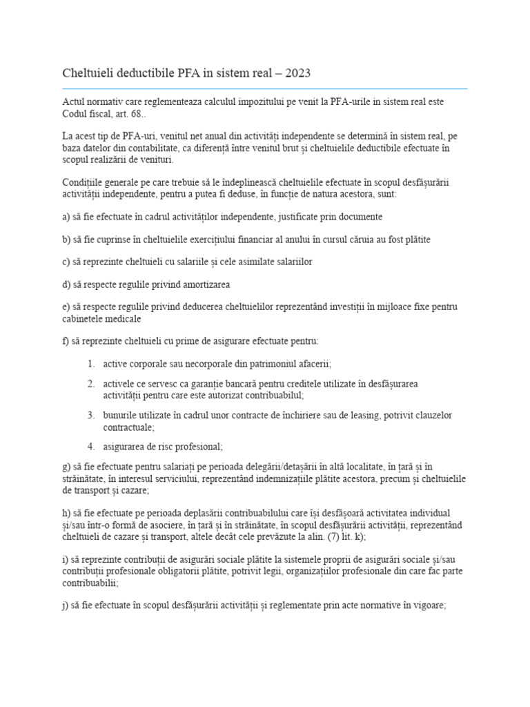 Cheltuieli Deductibile PFA in Sistem Real | PDF