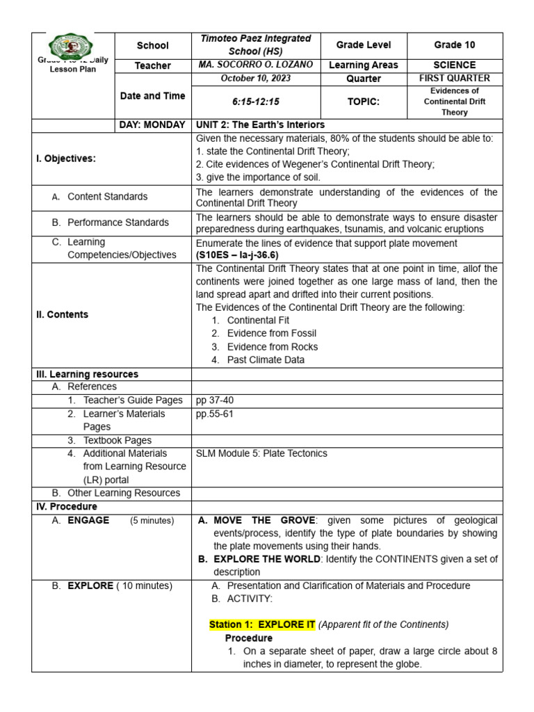 Lesson Plan-Evidences-of-Continental-drift | PDF