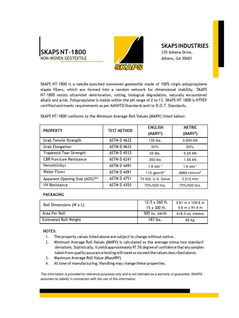 Especificaciones Tecnicas Geotextil Skaps NT1800 | PDF