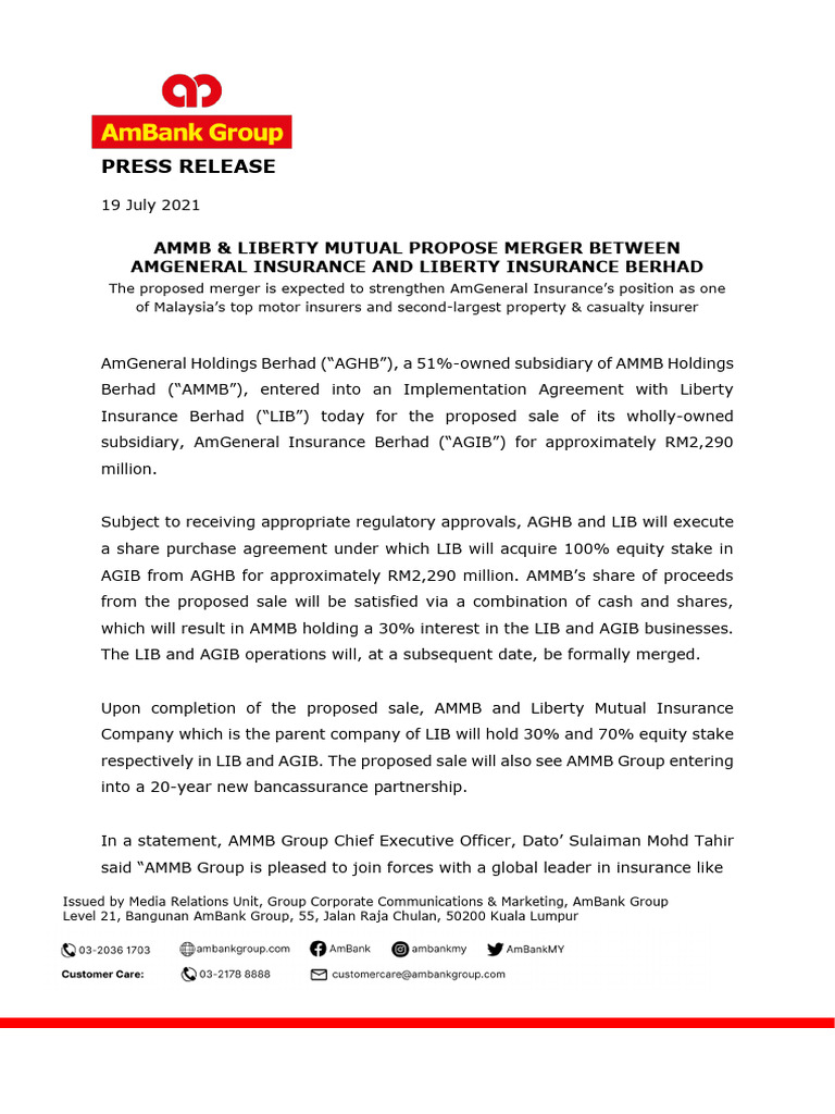 Ammb Liberty Mutual Propose Merger Between Amgeneral Insurance and ...