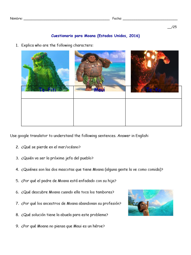 Cuestionario sobre la película Moana | PDF | Moana (película de 2016)