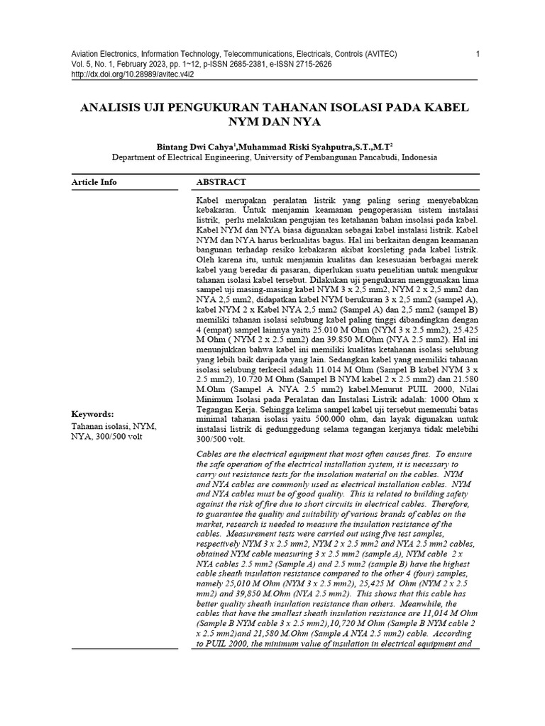 ANALISIS UJI PENGUKURAN TAHANAN ISOLASI PADA KABEL NYM DAN NYA | PDF ANALISIS UJI PENGUKURAN TAHANAN ISOLASI PADA KABEL NYM DAN NYA | PDF