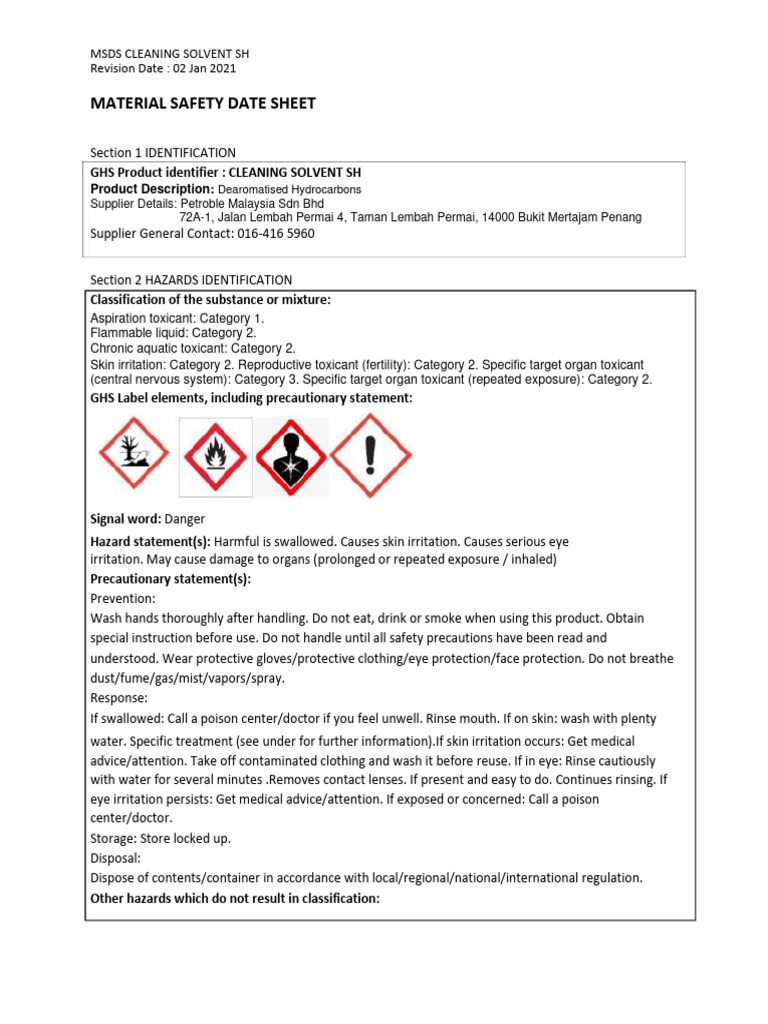 SDS Cleaning Solvent SH - PMSB - 2022 | PDF