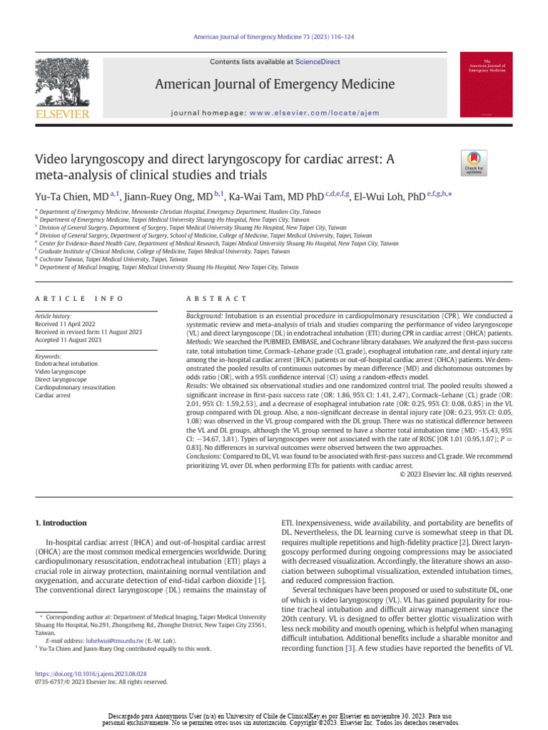 Video Laryngoscopy and Direct Laryngoscopy For Cardiac Arrest - A Meta ...