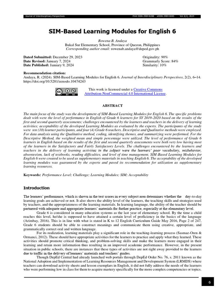 SIM-Based Learning Modules For English 6 | PDF | Learning | Teachers