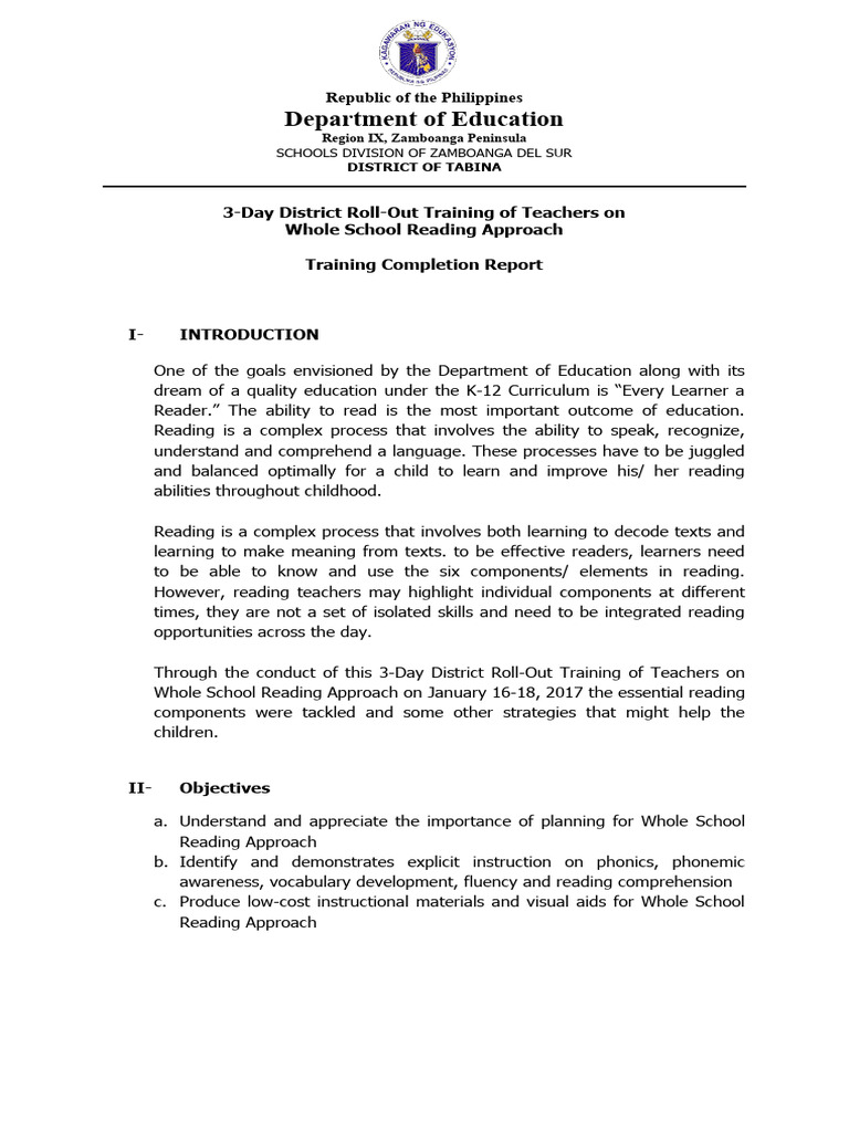 Roll - Out Training On Reading Approach Training Completion Report ...