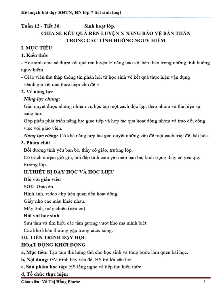 KHBD SINH HOAT LOP 7 TUẦN12 | PDF