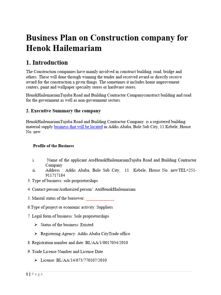 Construction Business Plan for Ethiopia | PDF | Expense | Equity (Finance)