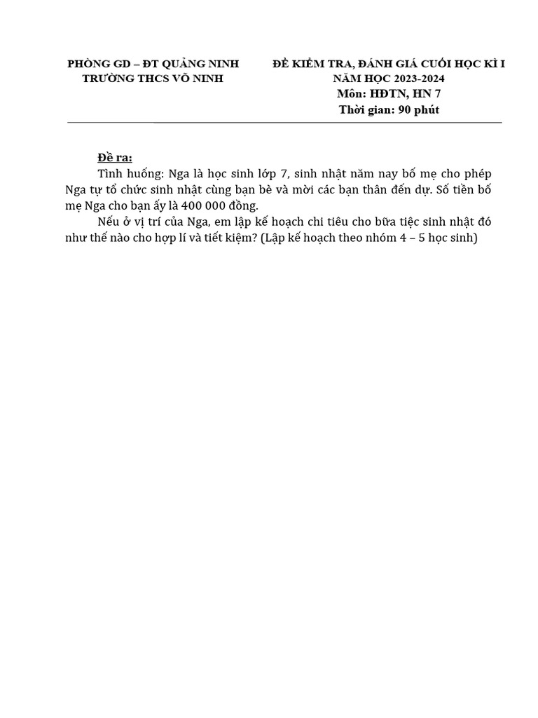 ĐỀ CUỐI KÌ HDTN 7 | PDF