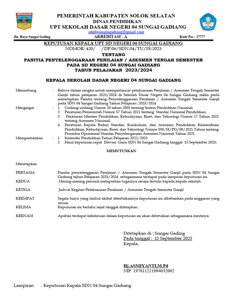 SK Panitia Dan Pegawas PTS Genap | PDF