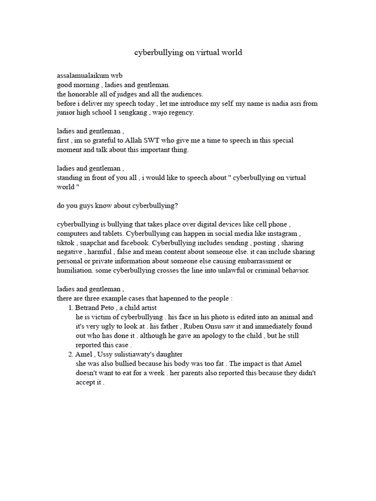 Cyberbullying On Virtual World (Speech Bing) | PDF