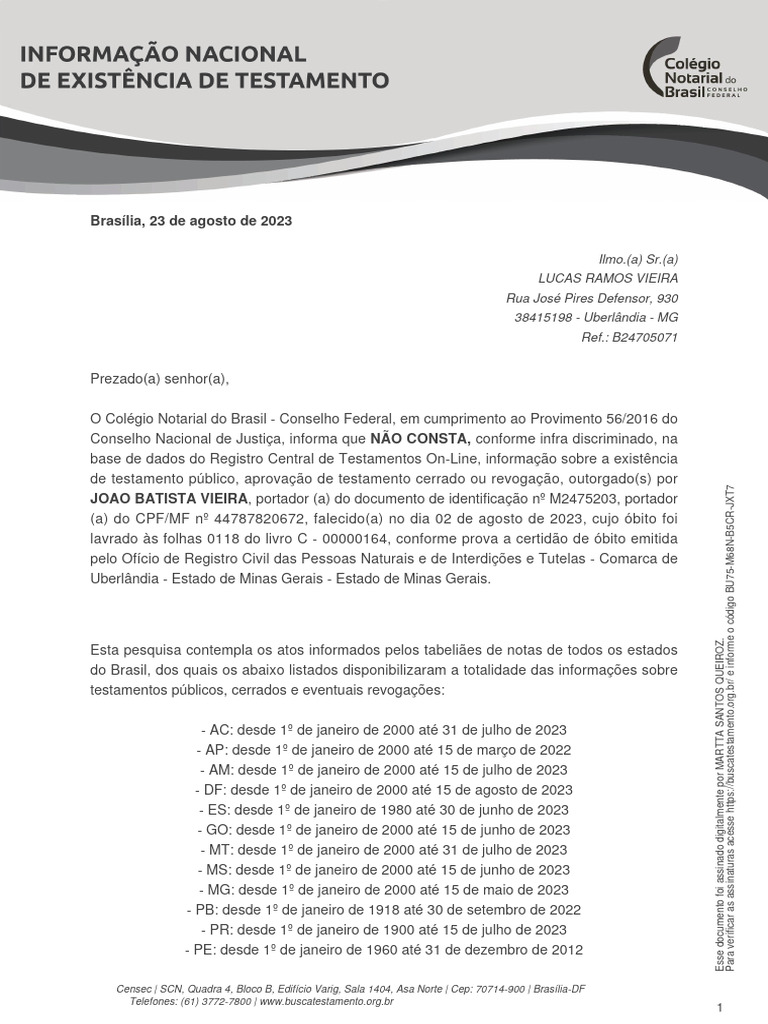 Certidão Inexistência de Testamento - João Batista | PDF | Testamento ...
