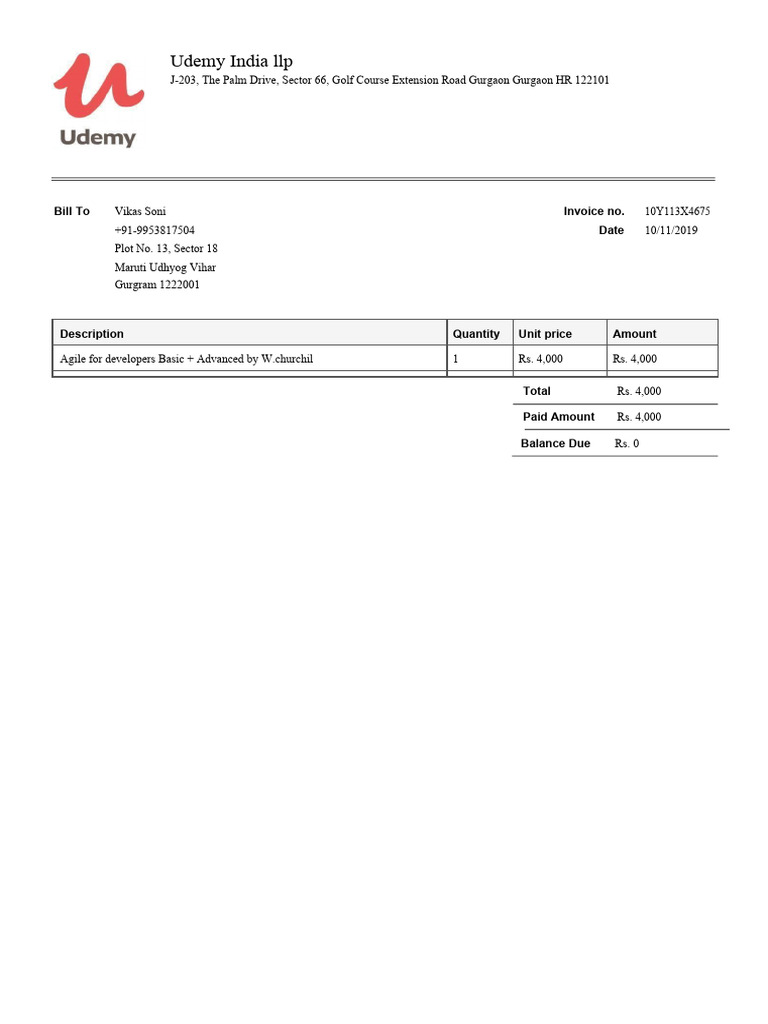 Udemy India LLP Bill To Invoice No Date 5 PDF Free | PDF