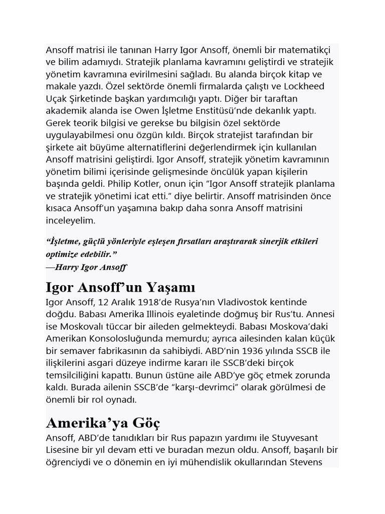 Ansoff Matrisi Ile Tanınan Harry Igor Ansoff | PDF