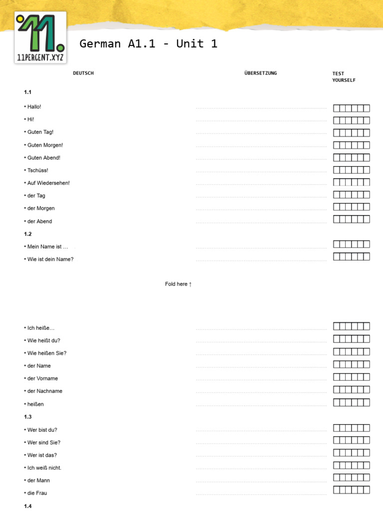 German A1.1 Vocabulary Sheet Unit 1 1 | PDF
