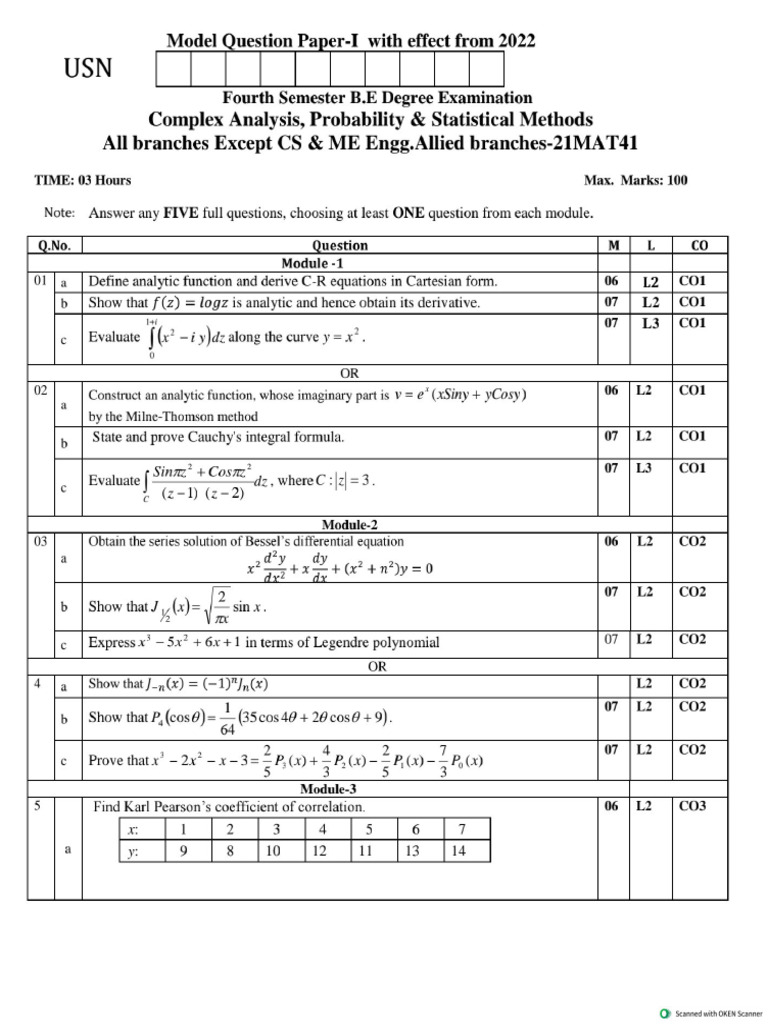 Model Question Paper 1 21mat41 For All Except Me And Cs Allied Branches Pdf