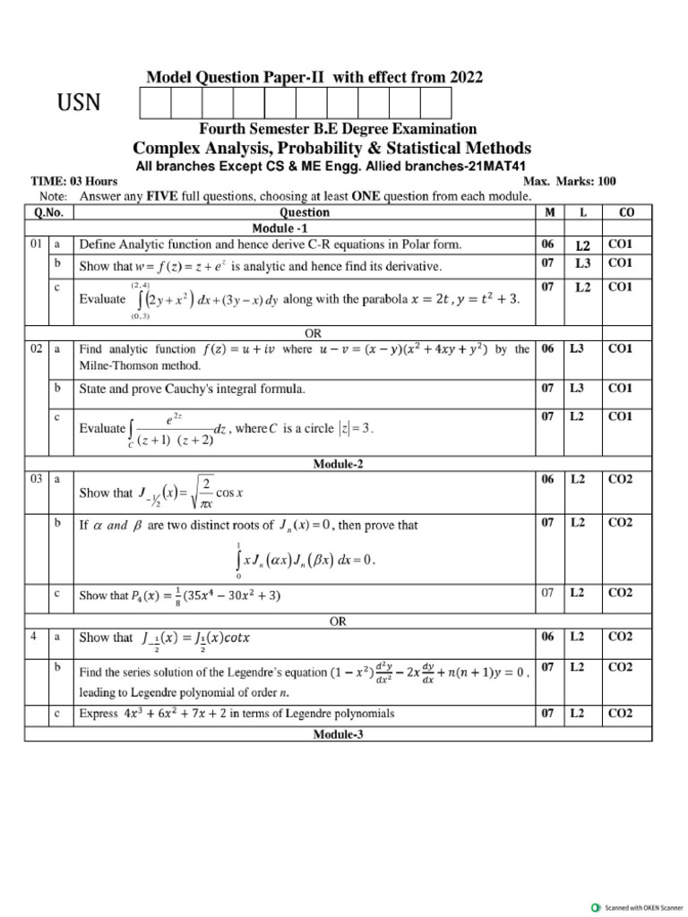 Model Question Paper 2 21MAT41 For All Except ME and CS ALLIED BRANCHES | PDF
