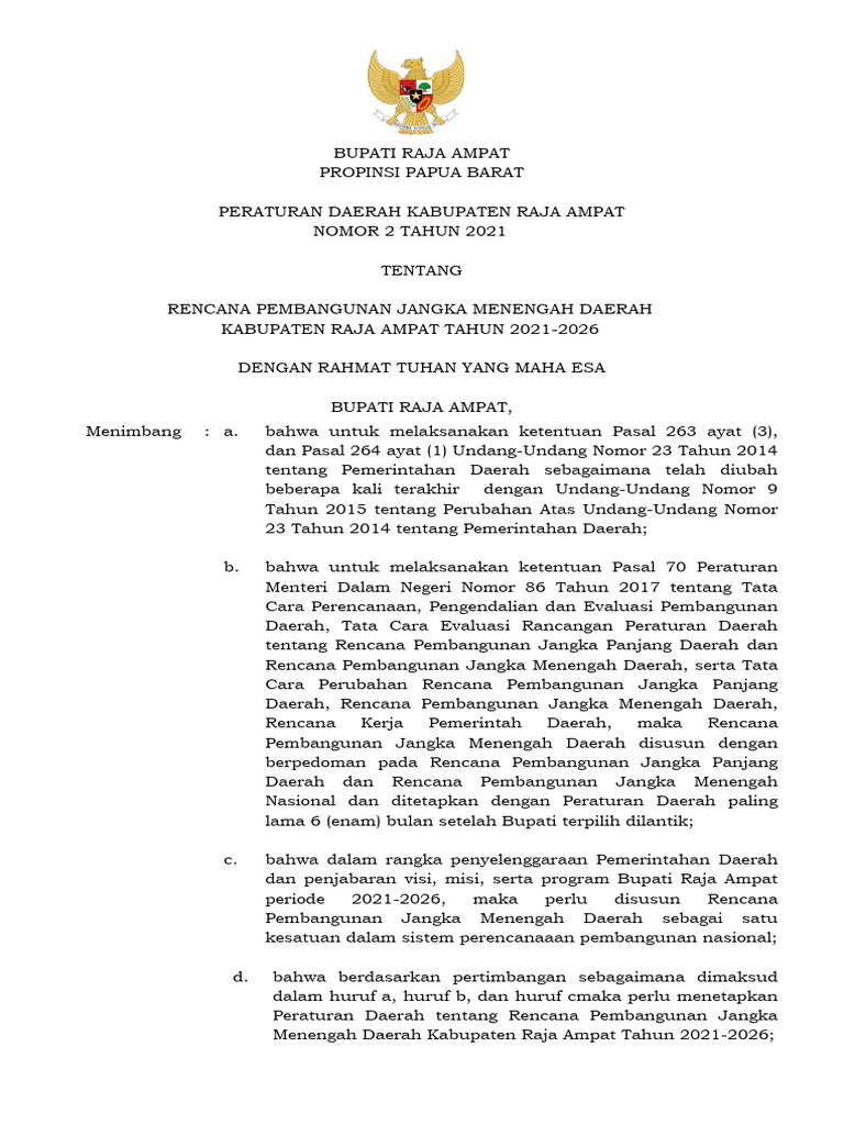 PERDA RAJA AMPAT NO 2 TAHUN 2021 Tentang Rencana Pembangunan Jangka ...