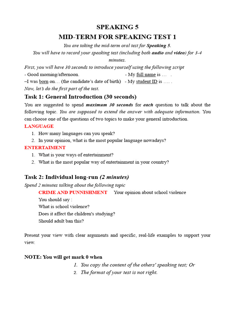 Speaking 5 - Mid-Term Test 1 | PDF | Language Arts & Discipline